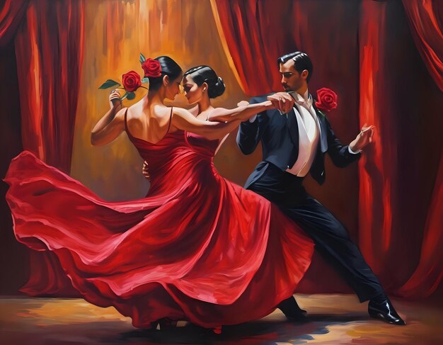 Een schilderij van een echtpaar dat een tango kostuum draagt en een ... Een schilderij van een echtpaar dat een tango kostuum draagt en een ...