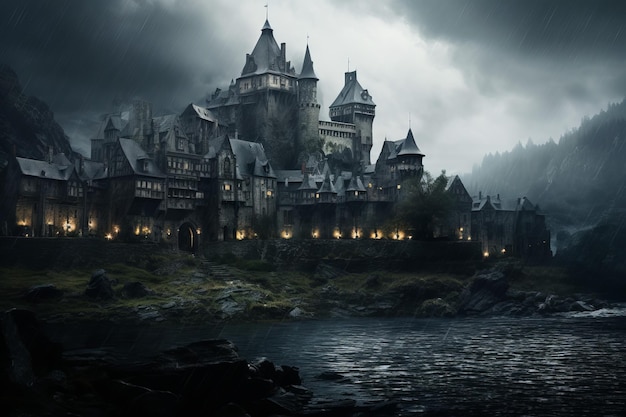 Premium Photo | Eerie Medieval castle building Generate AI Premium Photo | Eerie Medieval castle building Generate AI