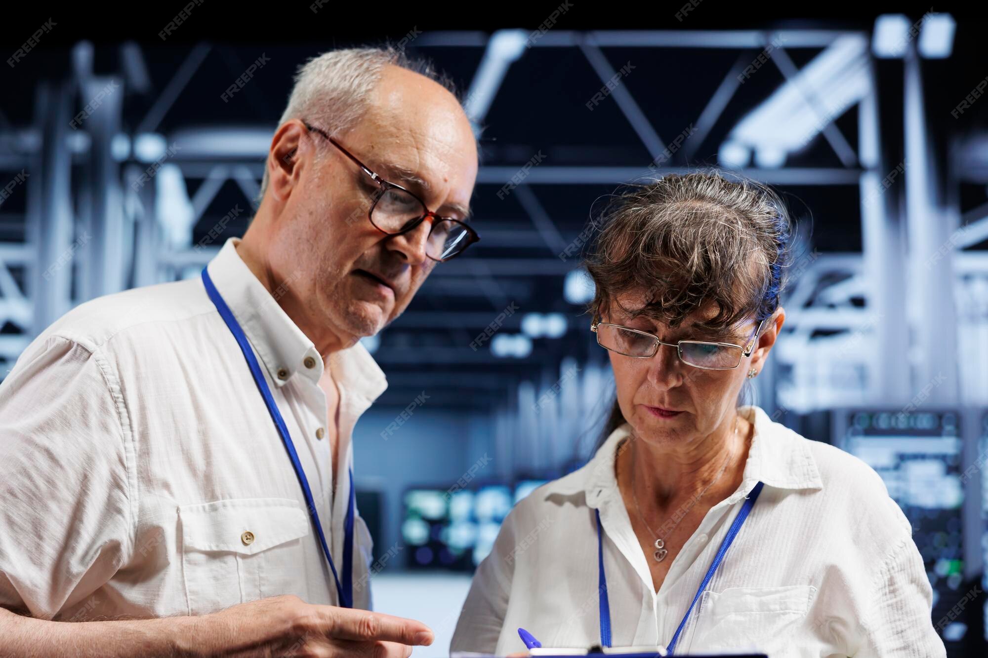 Premium Photo | Elderly it coworking programmers in high tech workspace using laptop to set up ...