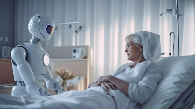 Premium Ai Image Elderly Woman Under The Care Of A Robot The