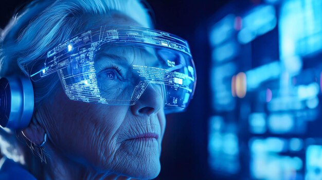 An elderly woman engages with futuristic technology Generative Ai ... An elderly woman engages with futuristic technology Generative Ai ...