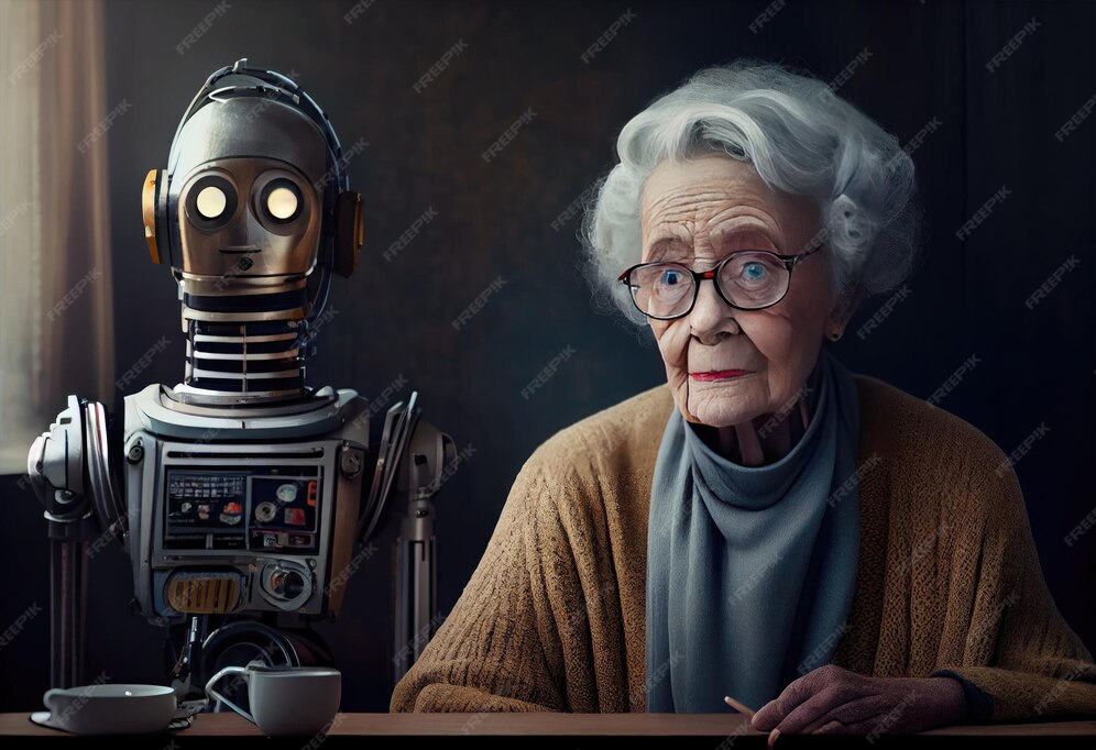 Premium AI Image | Elderly woman sits at a table with a robot Generate Ai Premium AI Image | Elderly woman sits at a table with a robot Generate Ai