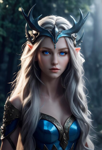Premium Ai Image Elf Queen With Pointy Ears Blue Eyes Beautiful Long Hair Full Body Ultra
