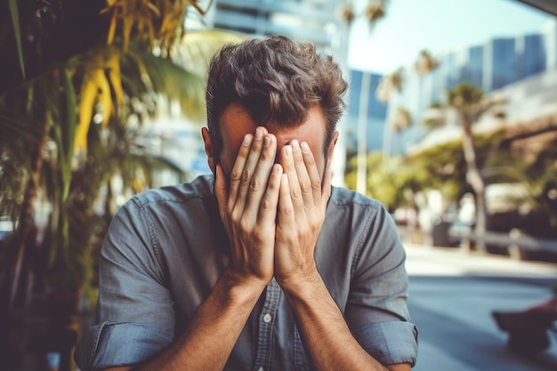 Premium Ai Image Embarrassed Man Covers His Face With His Hands Ai