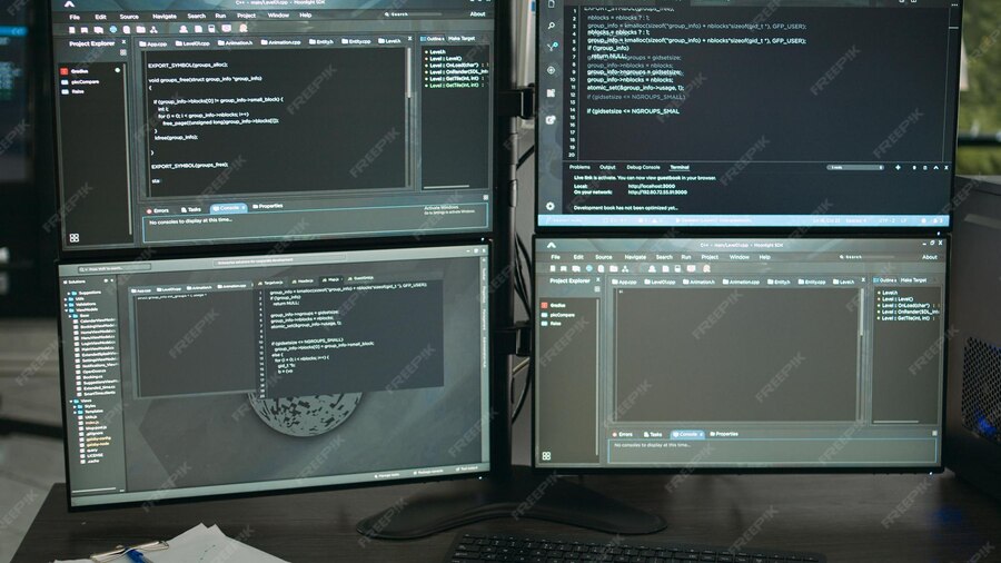 Premium Photo | Empty data room with computer screens on desk, computers in background running ...