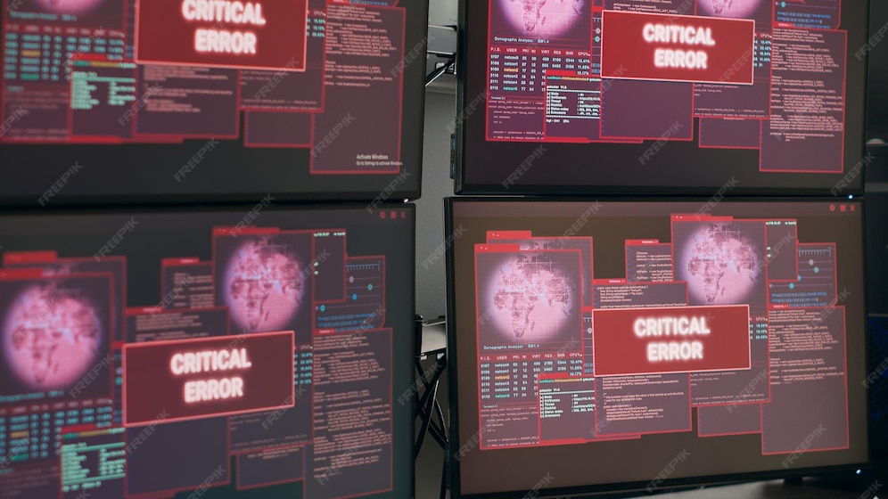 Premium Photo | Empty desk with multiple monitors showing system crash ...