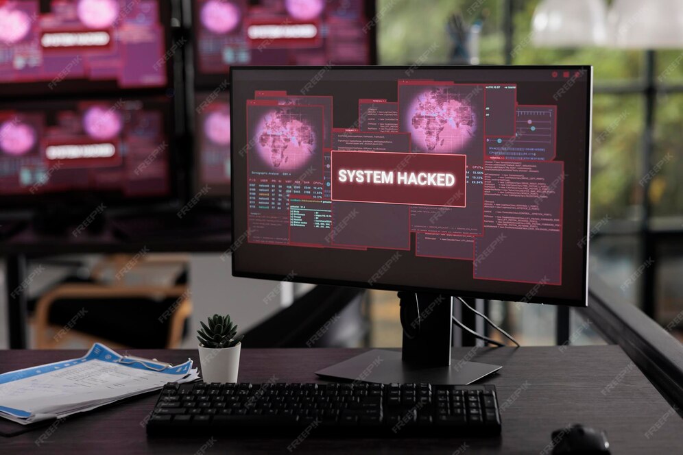 Premium Photo | Empty it office having multiple computers flashing hacking alert and security ...