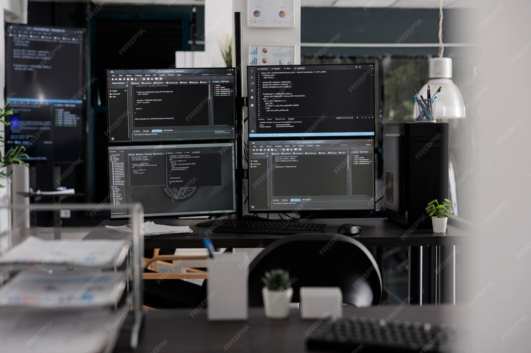 Premium Photo | Empty it office with computer screens on desk, computers in background running ...