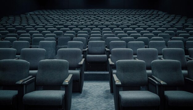 Empty movie theater with rows of blue upholstered seats in dimly lit ... Empty movie theater with rows of blue upholstered seats in dimly lit ...