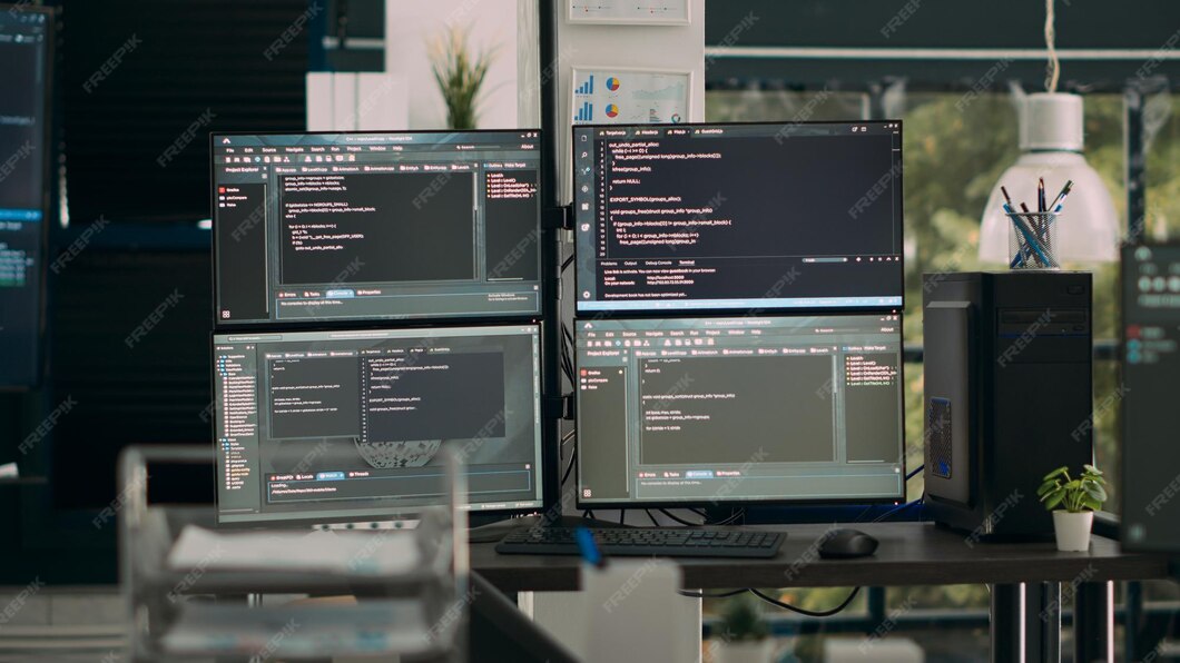 Premium Photo | Empty office desk with multiple screens running software developing script on ...