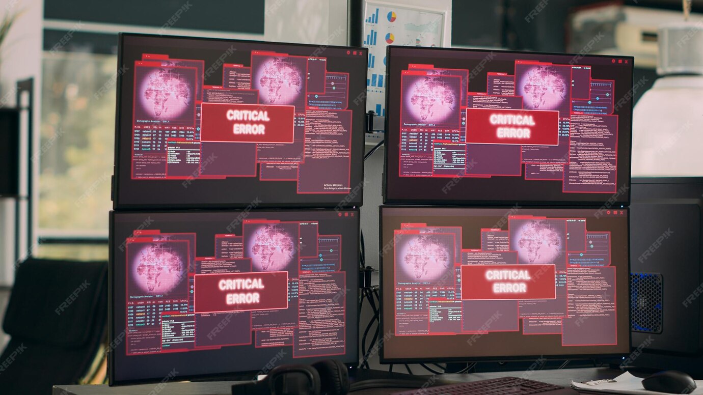 Premium Photo | Empty office with multiple monitors showing hacking attack alert, it agency ...