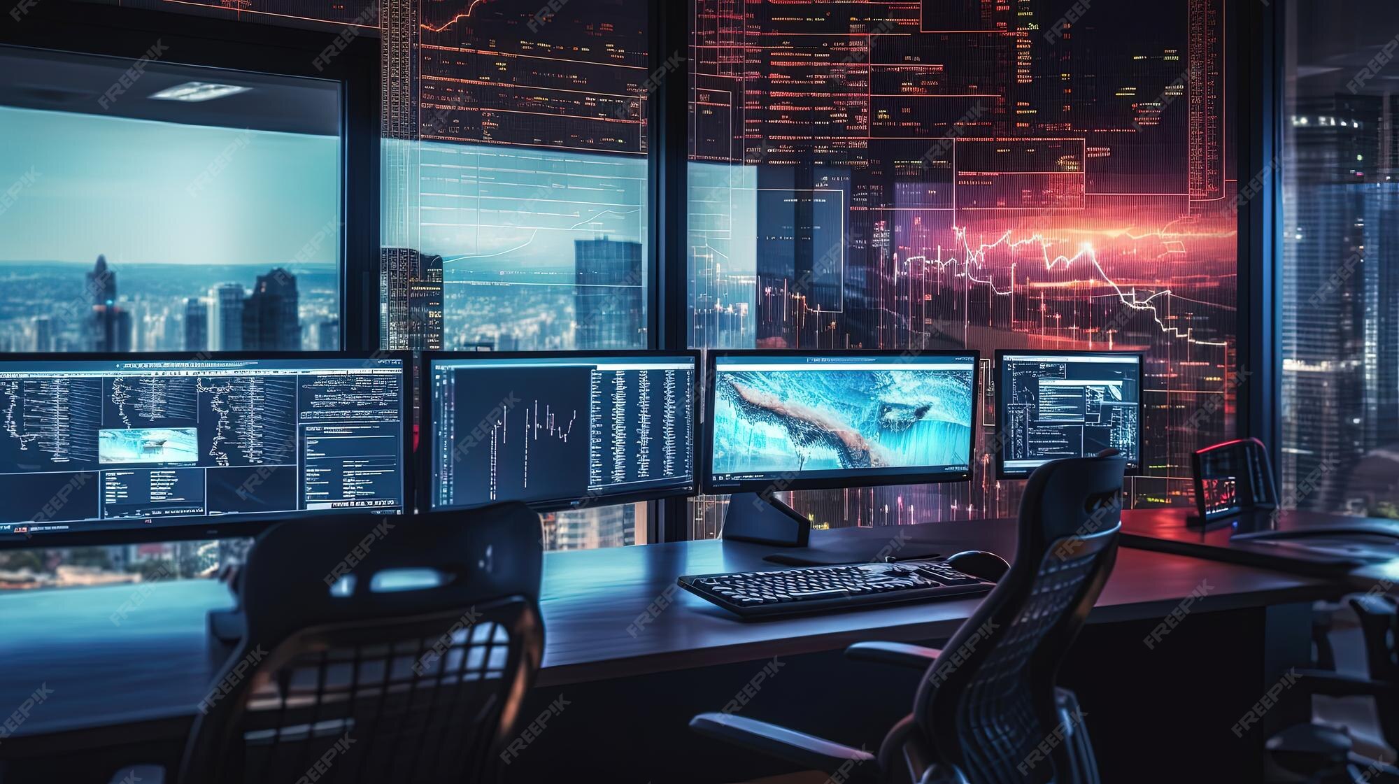 Premium AI Image | Empty Office Workplace with a Desk with Multiple Computer Screen Programming ...