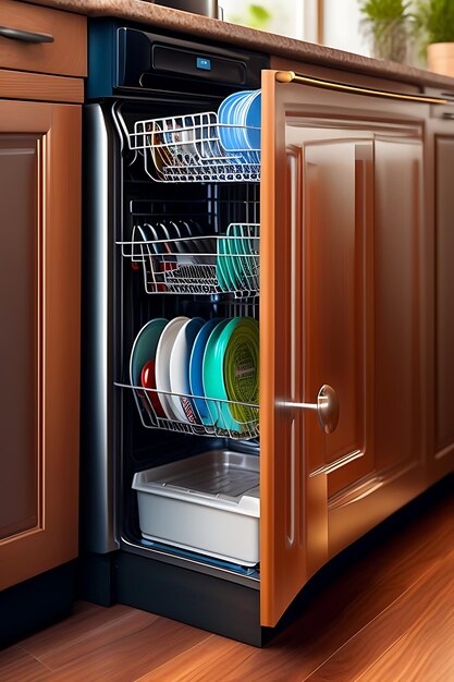 Premium AI Image | Empty Opened Dishwasher in kitchen Premium AI Image | Empty Opened Dishwasher in kitchen