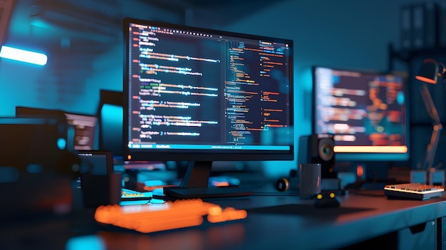 Premium Photo | Empty Software Developer Office Workplace with a Desk ... Premium Photo | Empty Software Developer Office Workplace with a Desk ...