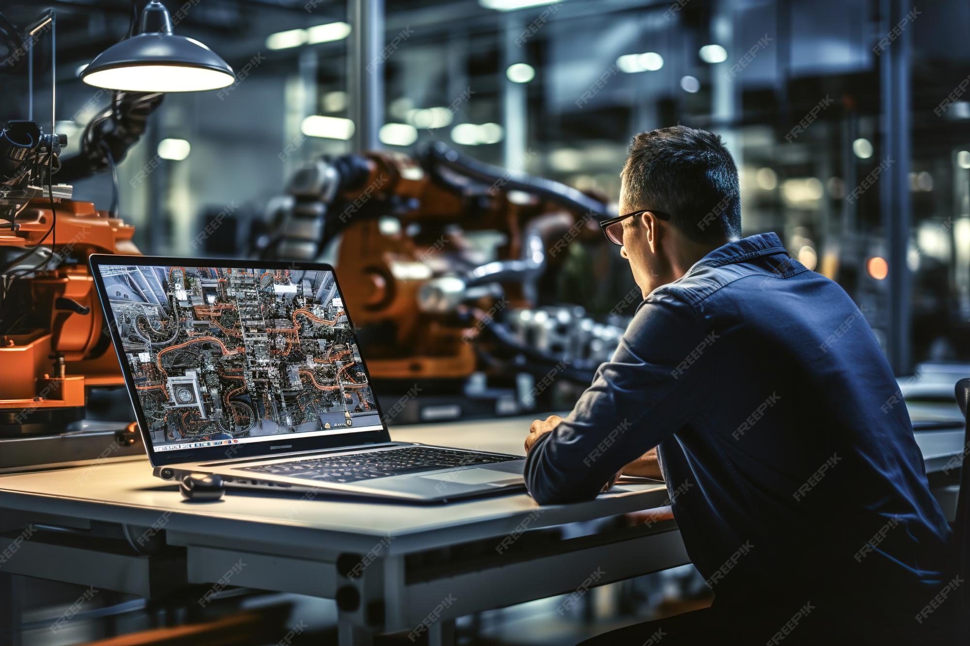 Premium Photo | Engineer in front of a computer and programming robots in factory Programming ...