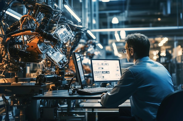 Engineer In Front Of A Computer And Programming Robots In Factory