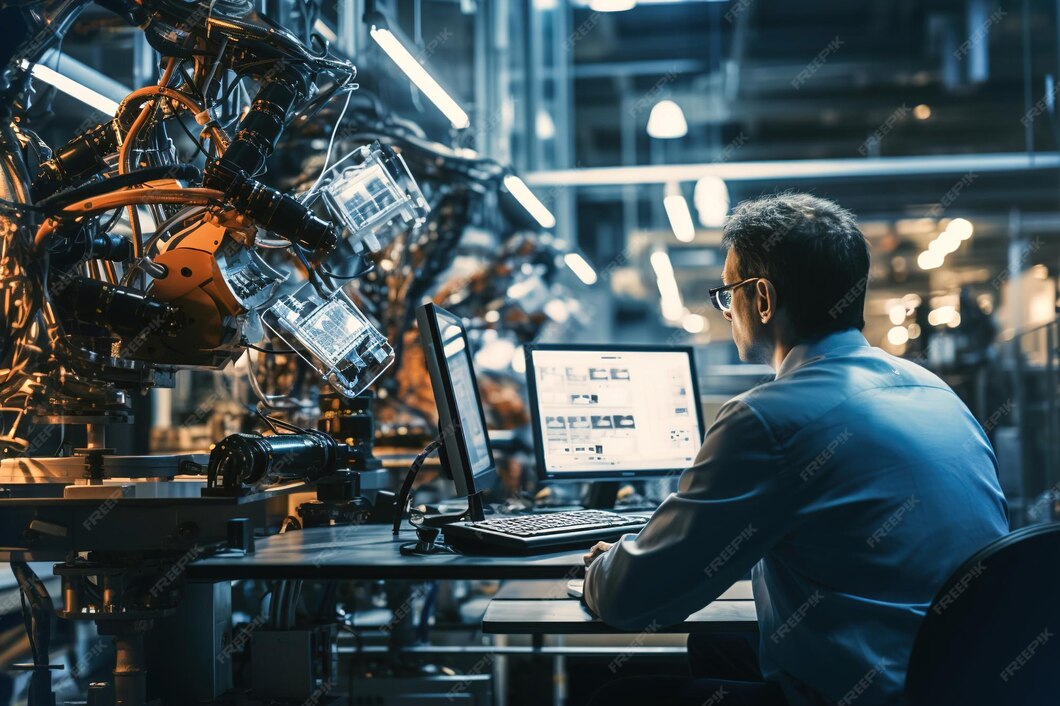 Engineer in front of a computer and programming robots in factory Programming automated process ...