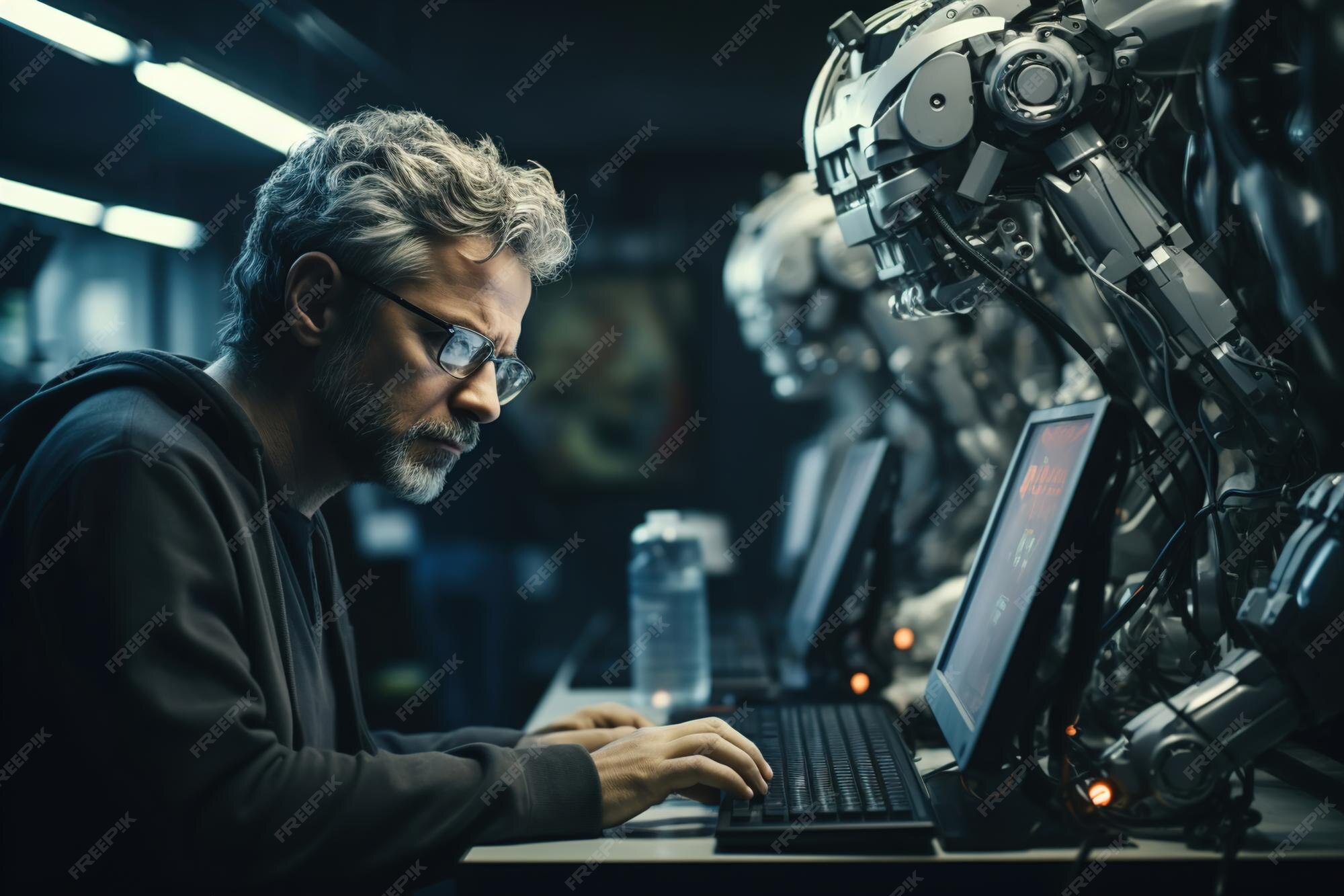 Premium Photo | Engineer in front of a computer and programming robots in factory Programming ...