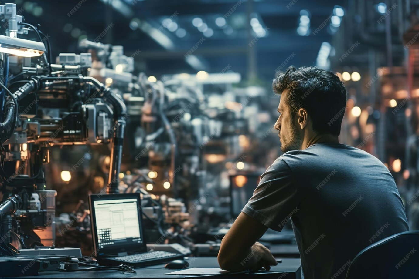 Premium Photo | Engineer in front of a computer and programming robots in factory Programming ...