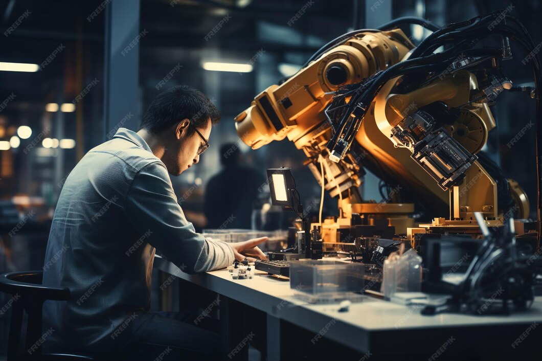 Engineer in front of a computer and programming robots in factory ...