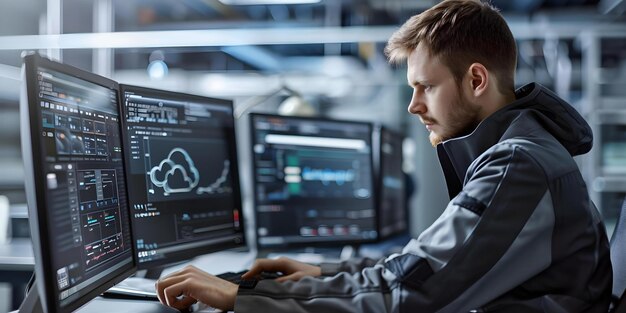 Engineer programs cloud solutions for workshop using multiple screens and graphics Concept Cloud ...