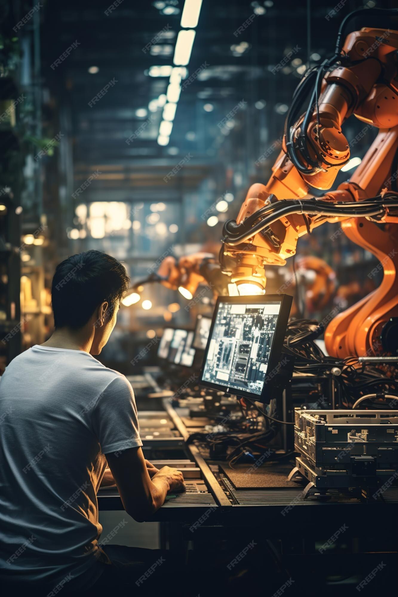Premium Photo | Engineer sin front of a computer and programming robots in factory Programming ...