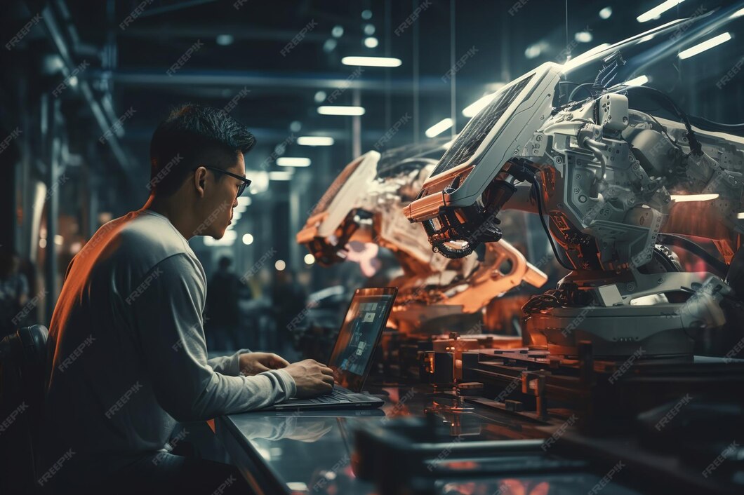 Premium Photo | Engineer sitting in front of a computer and programming robots in factory ...