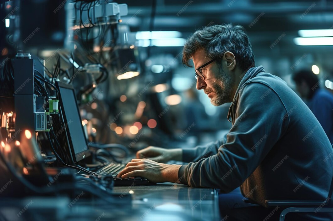 Premium Photo | Engineer sitting in front of a computer and programming robots in factory ...