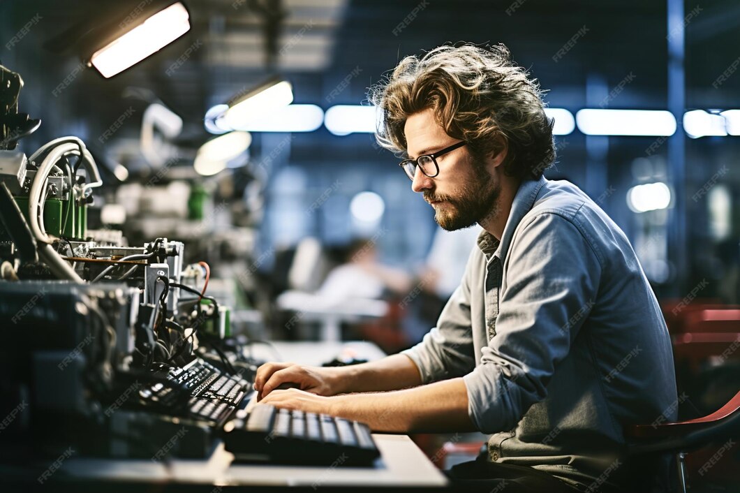 Engineer sitting in front of a computer and programming robots in factory Programming automated ...