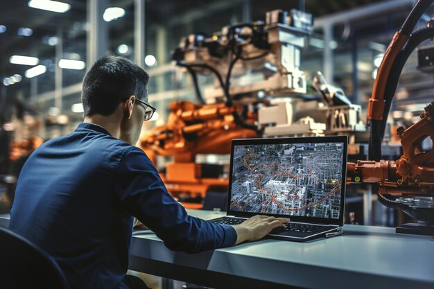 Premium Photo | Engineer sitting in front of a computer and programming robots in factory ...