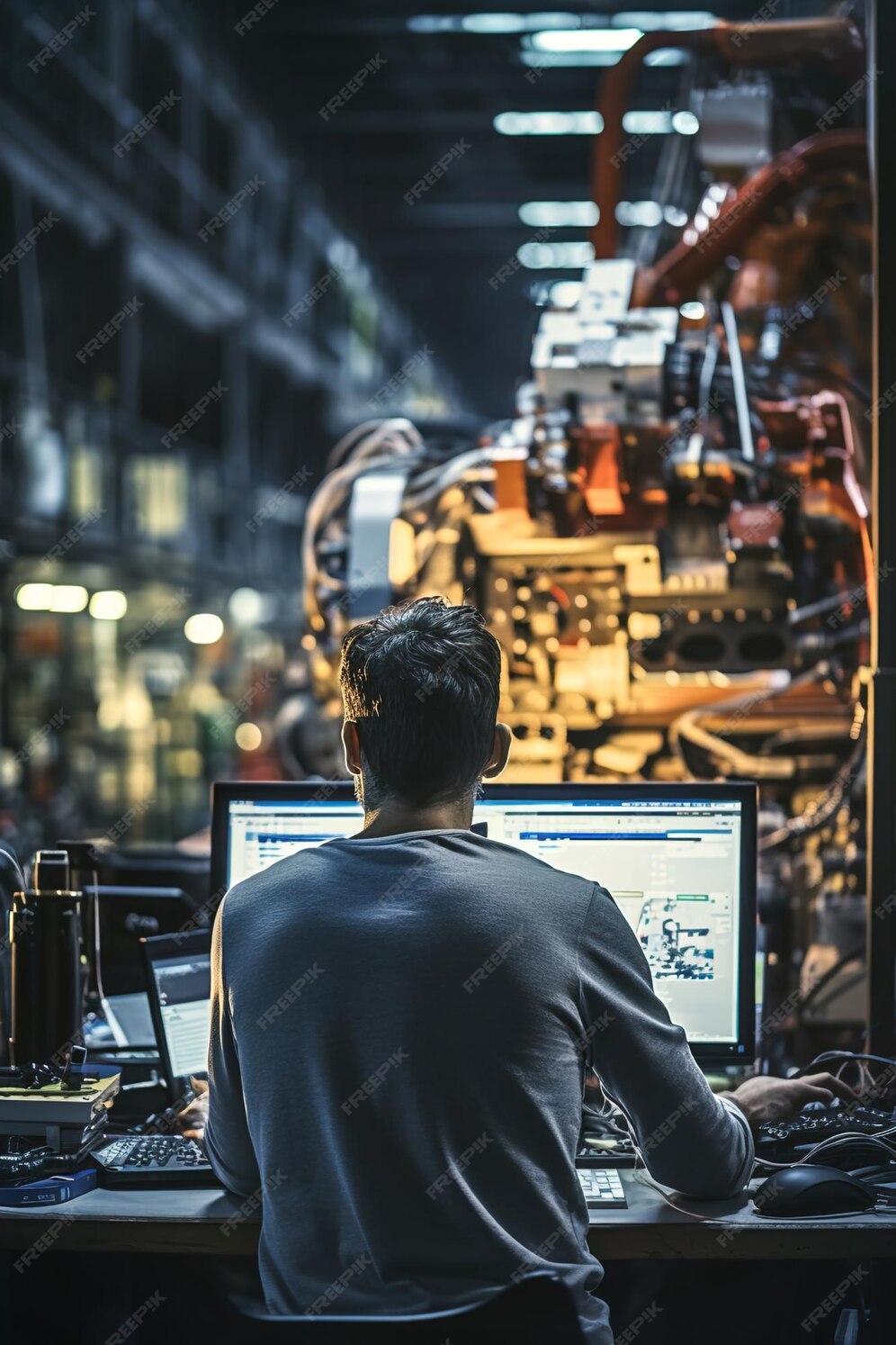 Premium Photo | Engineer sitting in front of a computer and programming robots in factory ...