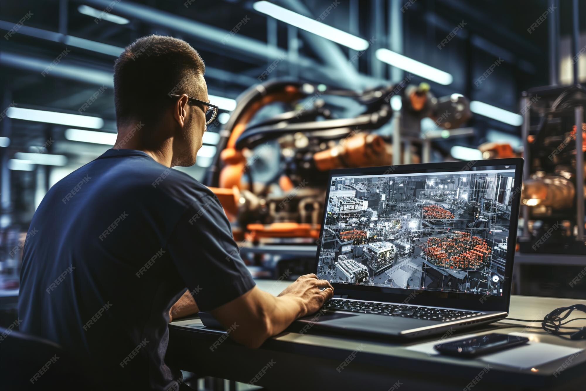 Premium Photo | Engineer sitting in front of a computer and programming robots in factory ...