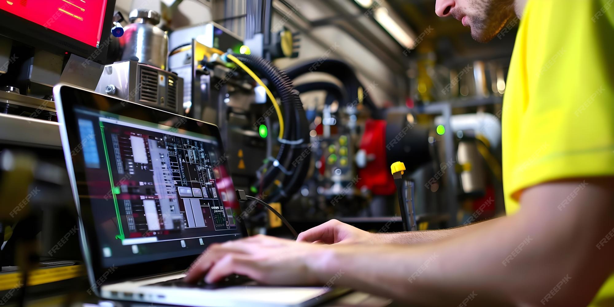 Engineer uses laptop to program logic controller for automated ...