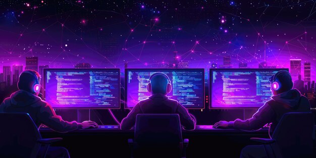 Engineers collaborating on a coding project in a futuristic workspace ... Engineers collaborating on a coding project in a futuristic workspace ...