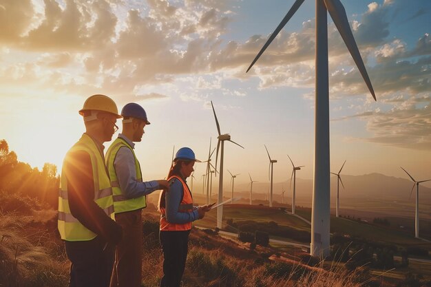 Premium Photo | Engineers Evaluating Wind Farm Efficiency at Sunrise Premium Photo | Engineers Evaluating Wind Farm Efficiency at Sunrise