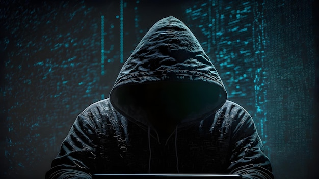 Premium Ai Image Evil Hacker In Black Hood And Mask On Dark Blackcyan