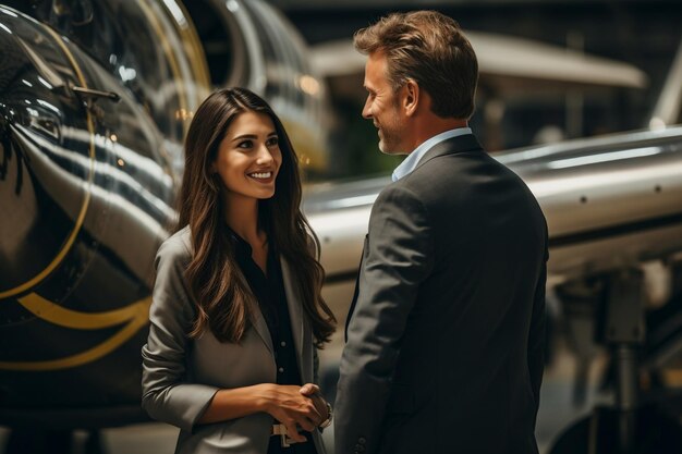 Premium AI Image | Executives Engaging in Handshake Amid Airplane Hangar AI Premium AI Image | Executives Engaging in Handshake Amid Airplane Hangar AI