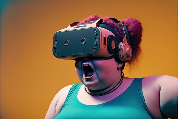 Premium Ai Image Exited Plus Size Woman In Vr Glasses Shopping In Metaverse Metaverse Fashion
