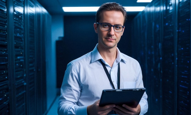 Expert In Technology Working In Server Room Maintaining Hardware Enhancing Network Security