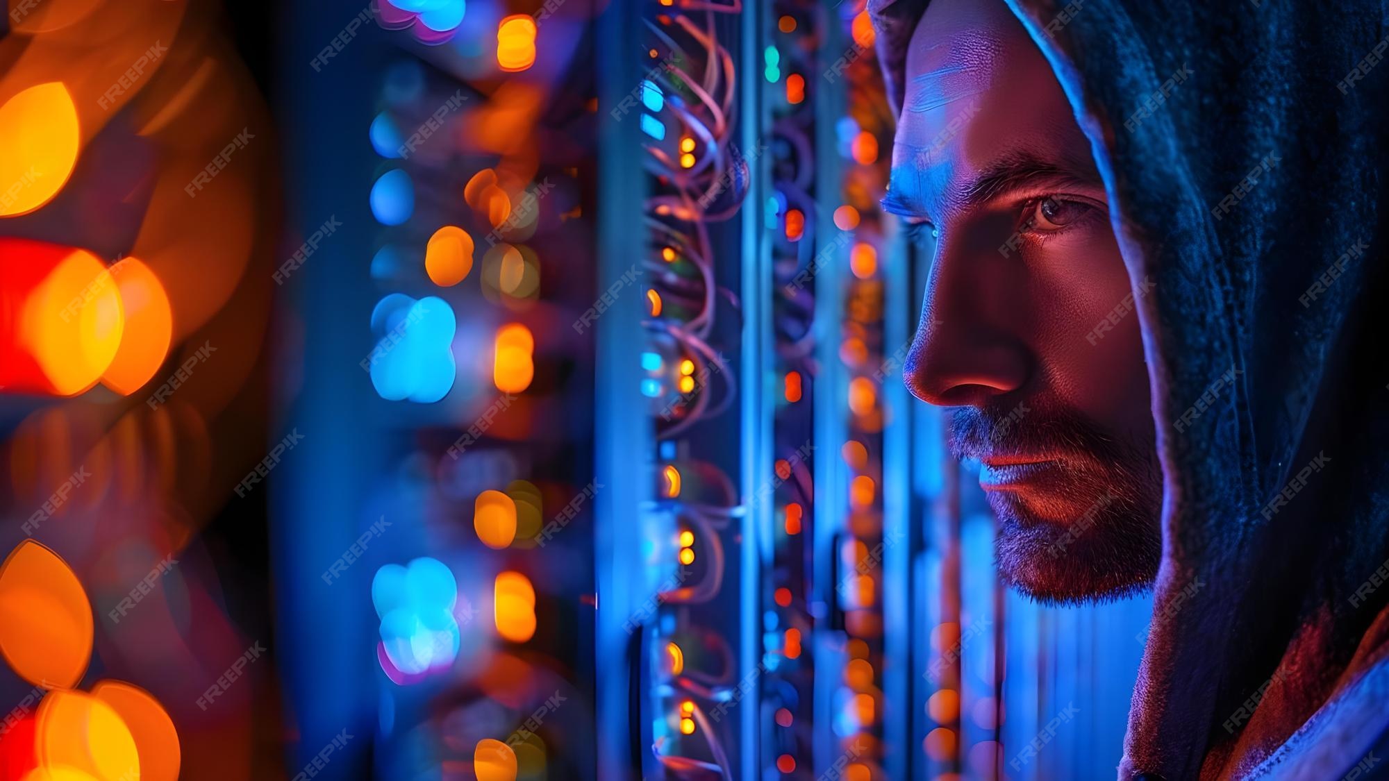 Exploiting LogJ cybersecurity vulnerability Hooded hacker in server room of the metaverse ...