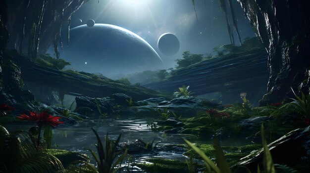 Premium AI Image | An explorer's view of a lush alien jungle under a ... Premium AI Image | An explorer's view of a lush alien jungle under a ...
