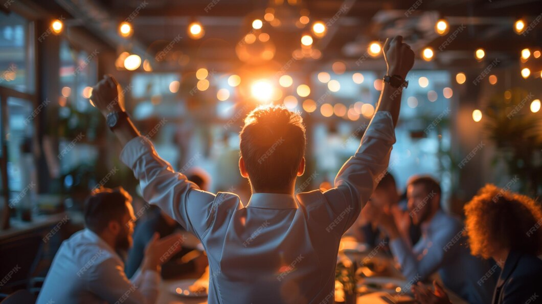 Exuberant businessman raising arms in victory at a lively office ... Exuberant businessman raising arms in victory at a lively office ...