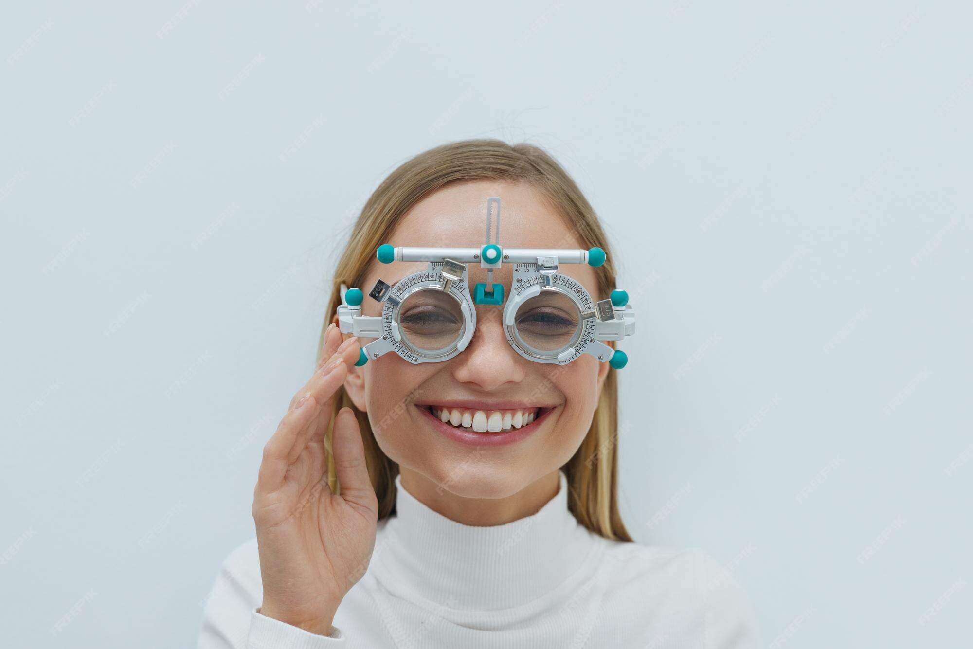 Premium Photo | Eyesight Test Woman In Optometrist Trial Frame At Studio Premium Photo | Eyesight Test Woman In Optometrist Trial Frame At Studio