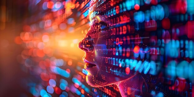 Face covered in binary code representing artificial intelligence data processing Concept ...