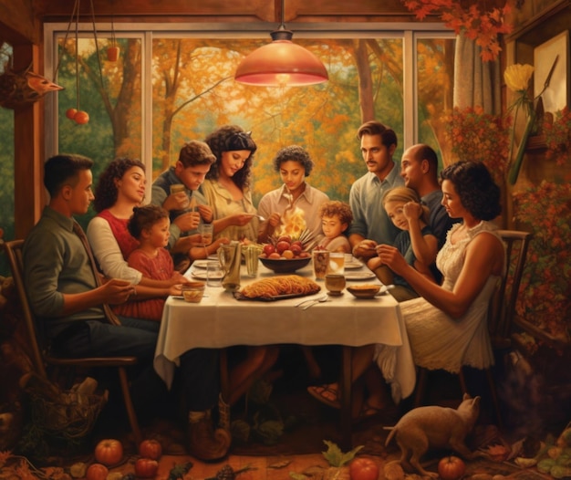 Premium AI Image | A family gathered around a Thanksgiving table Premium AI Image | A family gathered around a Thanksgiving table