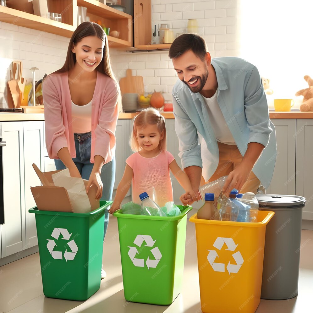 Premium AI Image | A family sorting recyclables in the kitchen Premium AI Image | A family sorting recyclables in the kitchen