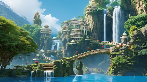 Premium AI Image | A fantasy landscape with a bridge and a waterfall Premium AI Image | A fantasy landscape with a bridge and a waterfall