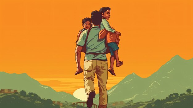 Premium Photo Father Carries His Son On His Back