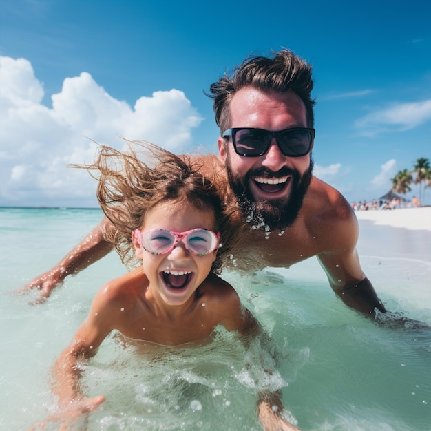 Premium Ai Image Father And Daughter Swimming At The Beach In Summer