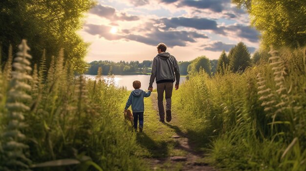 Premium Photo Father And Son Walk In Nature Generative Ai